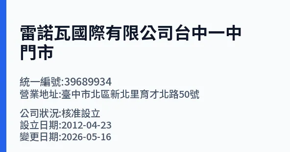 雷諾瓦國際有限公司台中一中門市的照片-統編 39689934(臺中市) 公司登記資料與營業項目詳細圖表