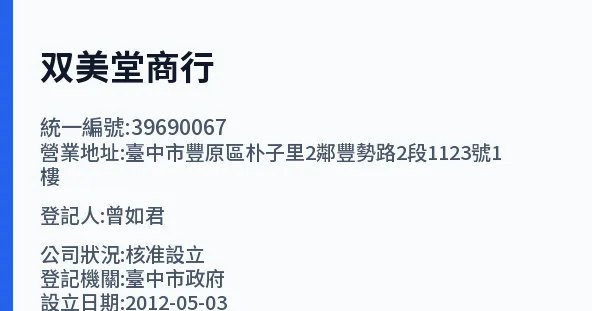 双美堂商行的照片-統編 39690067(臺中市) 公司登記資料與營業項目詳細圖表