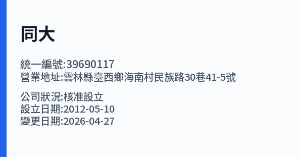 同大的照片-統編 39690117(雲林縣) 公司登記資料與營業項目詳細圖表