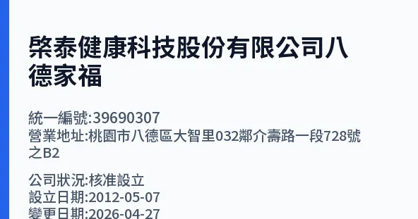 棨泰健康科技股份有限公司八德家福的照片-統編 39690307(桃園市) 公司登記資料與營業項目詳細圖表