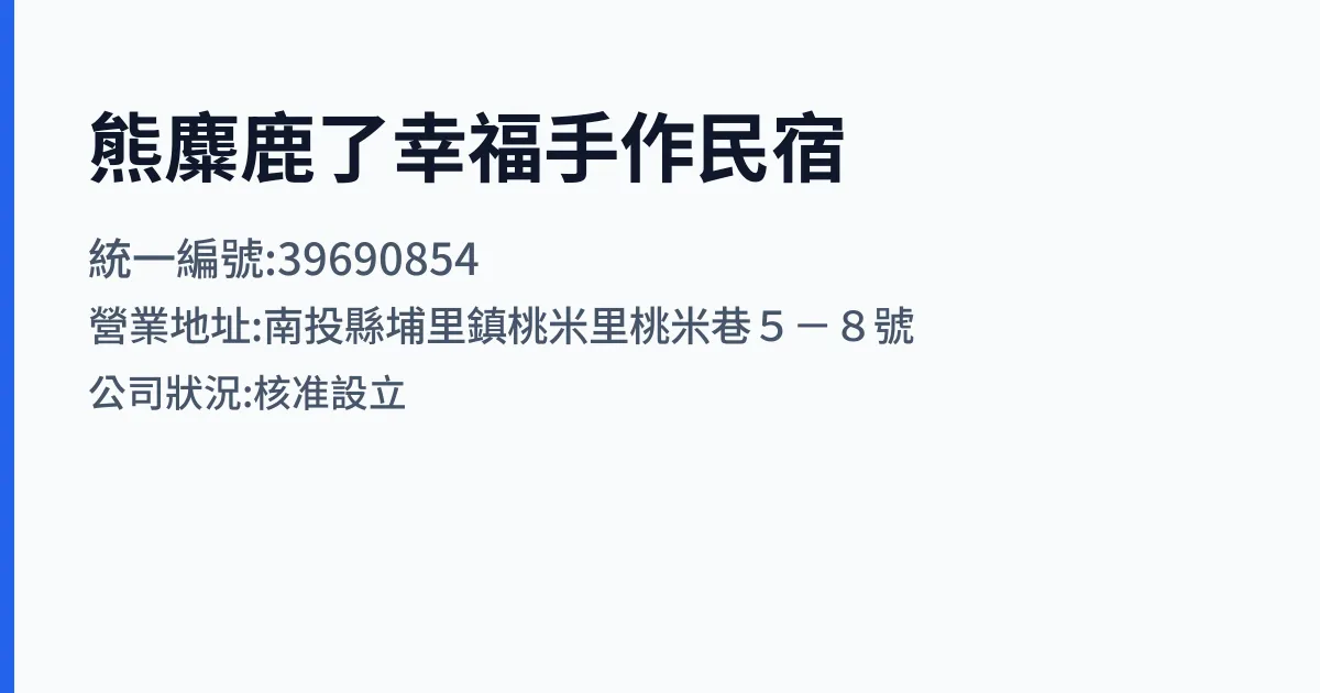 熊麋鹿了幸福手作民宿 - 統編 39690854(南投縣) 公司登記資料與營業項目詳細圖表