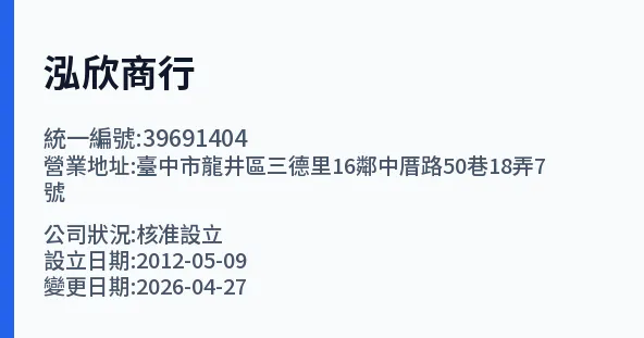 泓欣商行的照片-統編 39691404(臺中市) 公司登記資料與營業項目詳細圖表