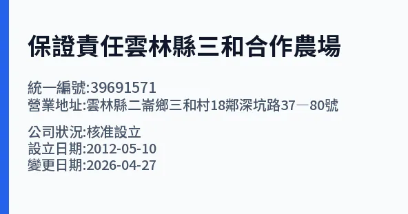 保證責任雲林縣三和合作農場的照片-統編 39691571(雲林縣) 公司登記資料與營業項目詳細圖表