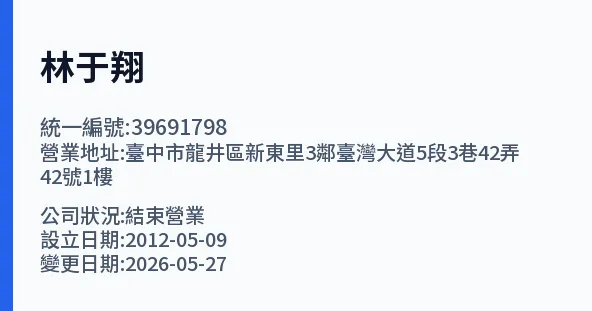 林于翔的照片-統編 39691798(臺中市) 公司登記資料與營業項目詳細圖表