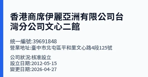 香港商席伊麗亞洲有限公司台灣分公司文心二館的照片-統編 39691848(臺中市) 公司登記資料與營業項目詳細圖表