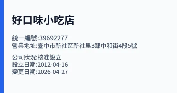 好口味小吃店的照片-統編 39692277(臺中市) 公司登記資料與營業項目詳細圖表