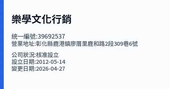 樂學文化行銷的照片-統編 39692537(彰化縣) 公司登記資料與營業項目詳細圖表