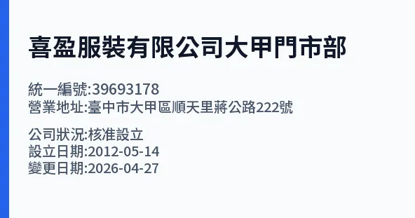 喜盈服裝有限公司大甲門市部的照片-統編 39693178(臺中市) 公司登記資料與營業項目詳細圖表