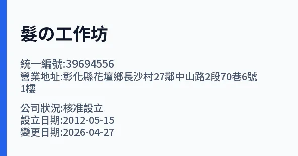 髮の工作坊的照片-統編 39694556(彰化縣) 公司登記資料與營業項目詳細圖表