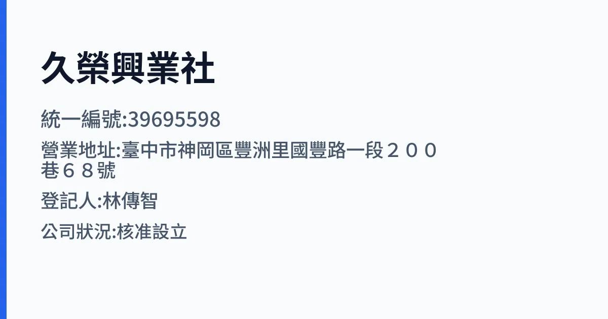 久榮興業社 - 統編 39695598(臺中市) 公司登記資料與營業項目詳細圖表