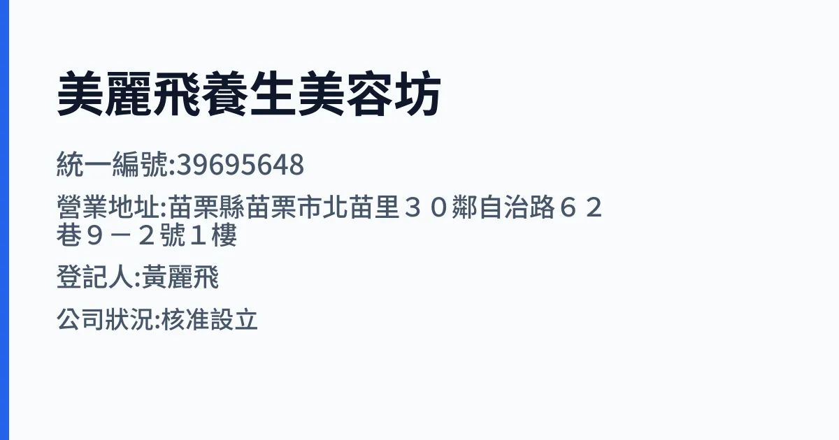 美麗飛養生美容坊 - 統編 39695648(苗栗縣) 公司登記資料與營業項目詳細圖表