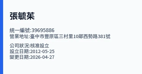 張毓茱的照片-統編 39695886(臺中市) 公司登記資料與營業項目詳細圖表