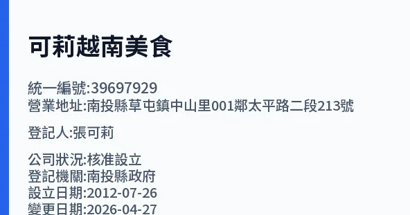 可莉越南美食的照片-統編 39697929(南投縣) 公司登記資料與營業項目詳細圖表