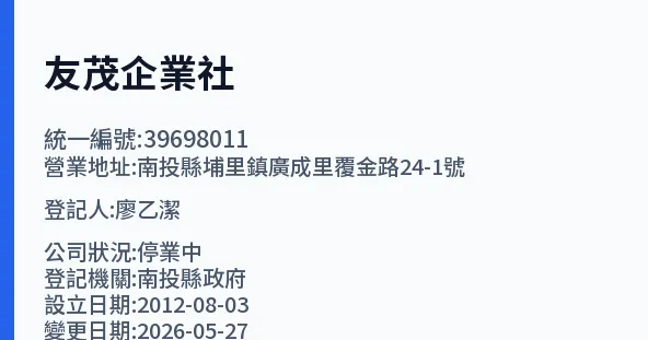 友茂企業社的照片-統編 39698011(南投縣) 公司登記資料與營業項目詳細圖表