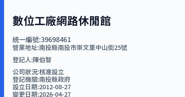 數位工廠網路休閒館的照片-統編 39698461(南投縣) 公司登記資料與營業項目詳細圖表