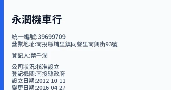永潤機車行的照片-統編 39699709(南投縣) 公司登記資料與營業項目詳細圖表