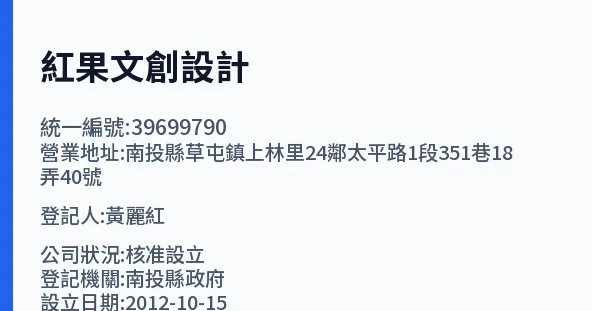 紅果文創設計的照片-統編 39699790(南投縣) 公司登記資料與營業項目詳細圖表