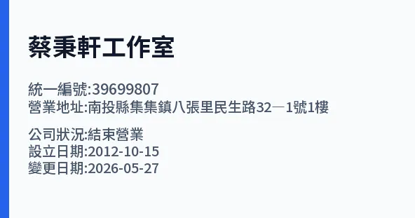蔡秉軒工作室的照片-統編 39699807(南投縣) 公司登記資料與營業項目詳細圖表