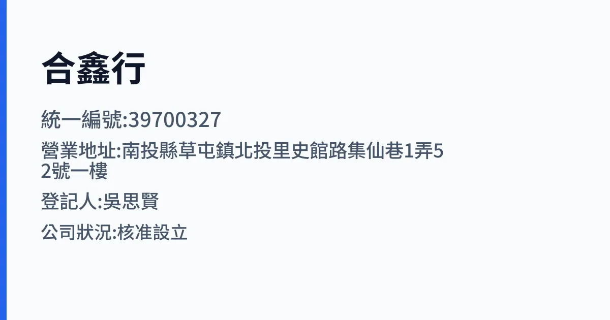 合鑫行 - 統編 39700327(南投縣) 公司登記資料與營業項目詳細圖表