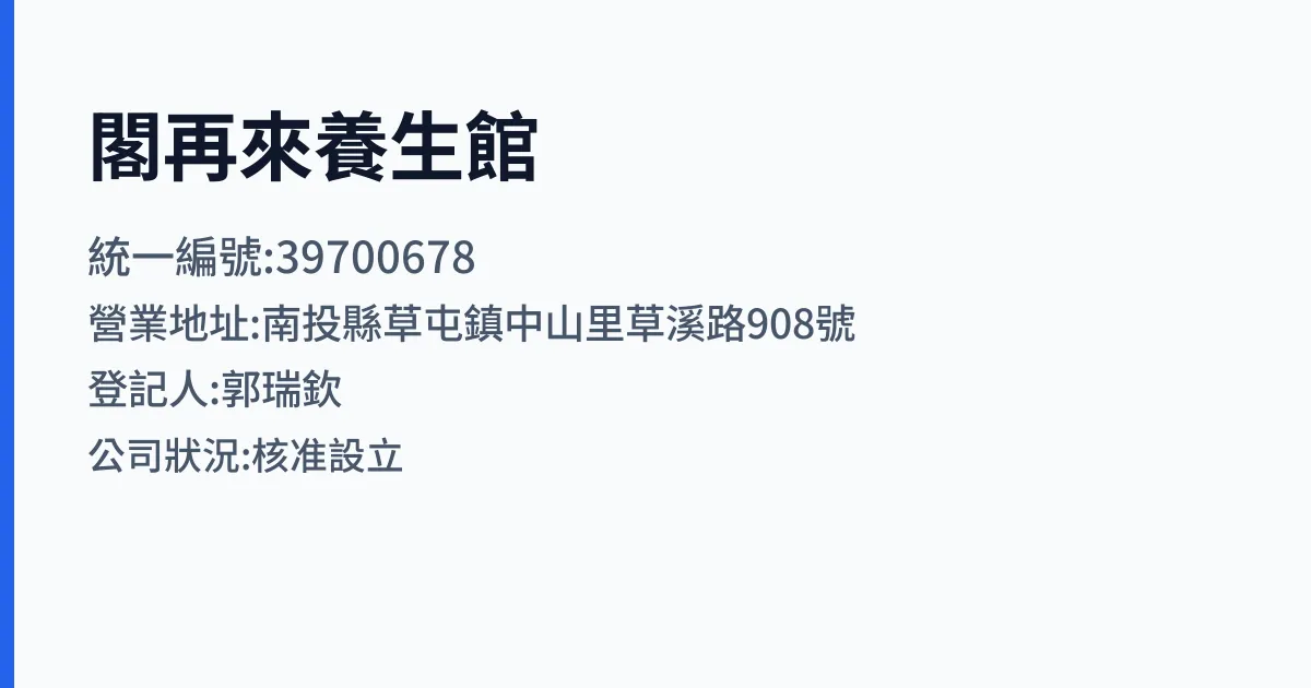 閣再來養生館 - 統編 39700678(南投縣) 公司登記資料與營業項目詳細圖表