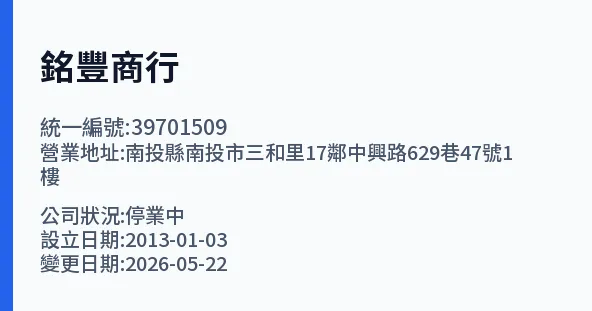 銘豐商行的照片-統編 39701509(南投縣) 公司登記資料與營業項目詳細圖表