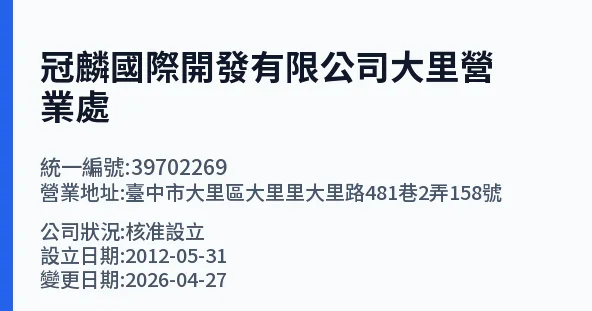 冠麟國際開發有限公司大里營業處的照片-統編 39702269(臺中市) 公司登記資料與營業項目詳細圖表