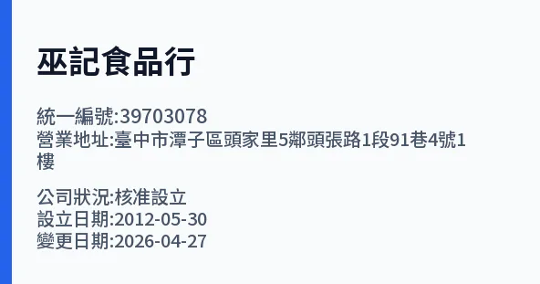 巫記食品行的照片-統編 39703078(臺中市) 公司登記資料與營業項目詳細圖表