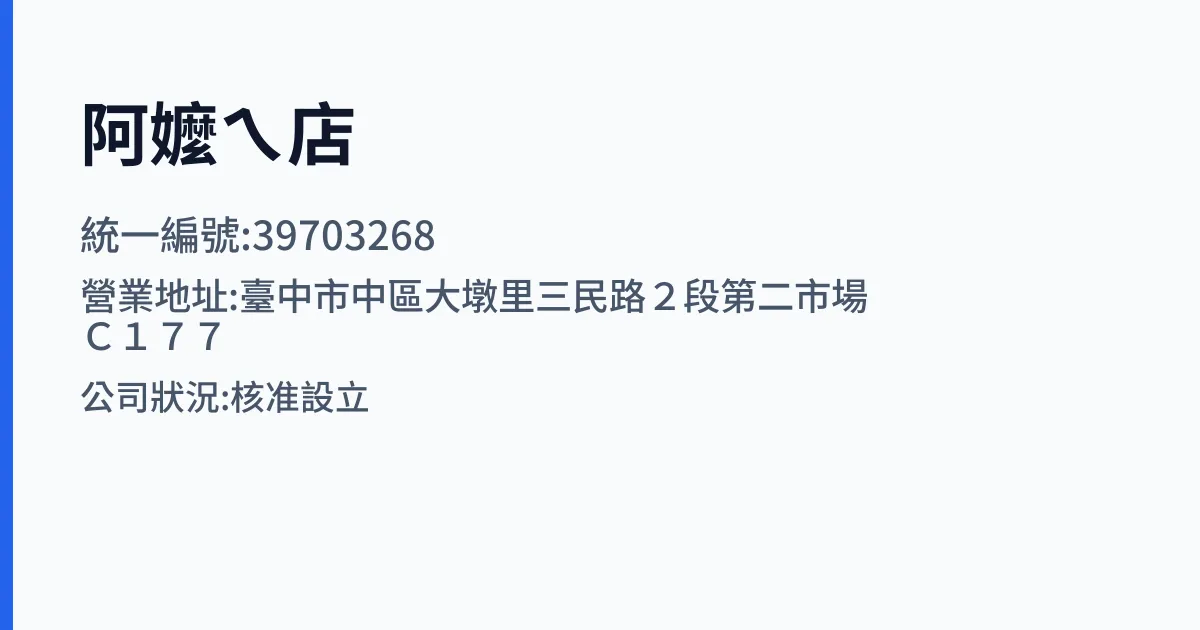 阿嬤ㄟ店 - 統編 39703268(臺中市) 公司登記資料與營業項目詳細圖表