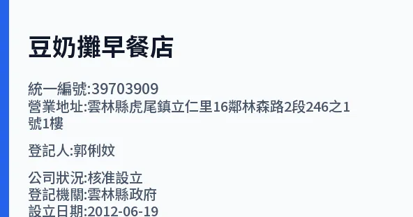 豆奶攤早餐店的照片-統編 39703909(雲林縣) 公司登記資料與營業項目詳細圖表