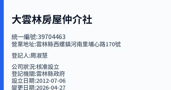 大雲林房屋仲介社的照片-統編 39704463(雲林縣) 公司登記資料與營業項目詳細圖表