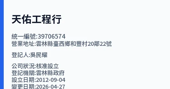 天佑工程行的照片-統編 39706574(雲林縣) 公司登記資料與營業項目詳細圖表