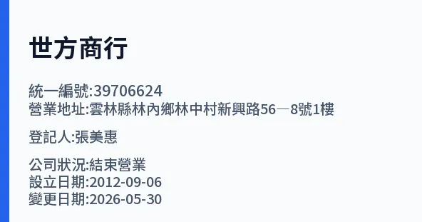 世方商行的照片-統編 39706624(雲林縣) 公司登記資料與營業項目詳細圖表