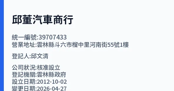 邱董汽車商行的照片-統編 39707433(雲林縣) 公司登記資料與營業項目詳細圖表