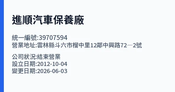 進順汽車保養廠的照片-統編 39707594(雲林縣) 公司登記資料與營業項目詳細圖表