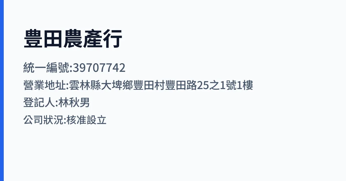 豊田農產行 - 統編 39707742(雲林縣) 公司登記資料與營業項目詳細圖表