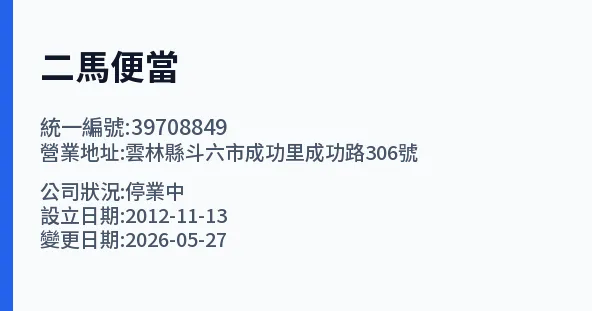 二馬便當的照片-統編 39708849(雲林縣) 公司登記資料與營業項目詳細圖表