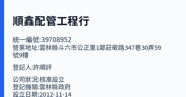 順鑫配管工程行的照片-統編 39708952(雲林縣) 公司登記資料與營業項目詳細圖表