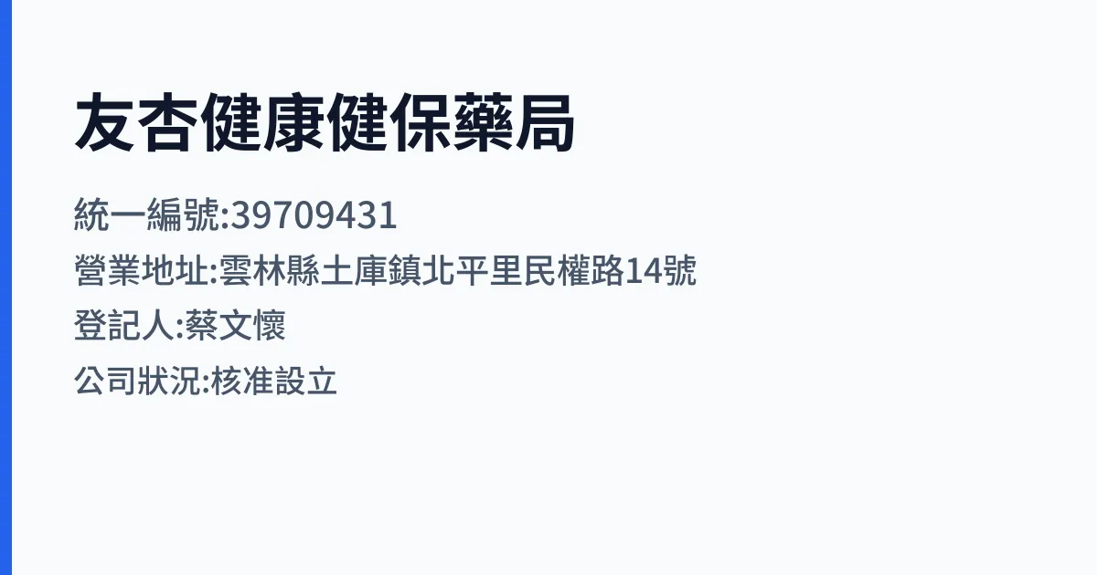 友杏健康健保藥局 - 統編 39709431(雲林縣) 公司登記資料與營業項目詳細圖表