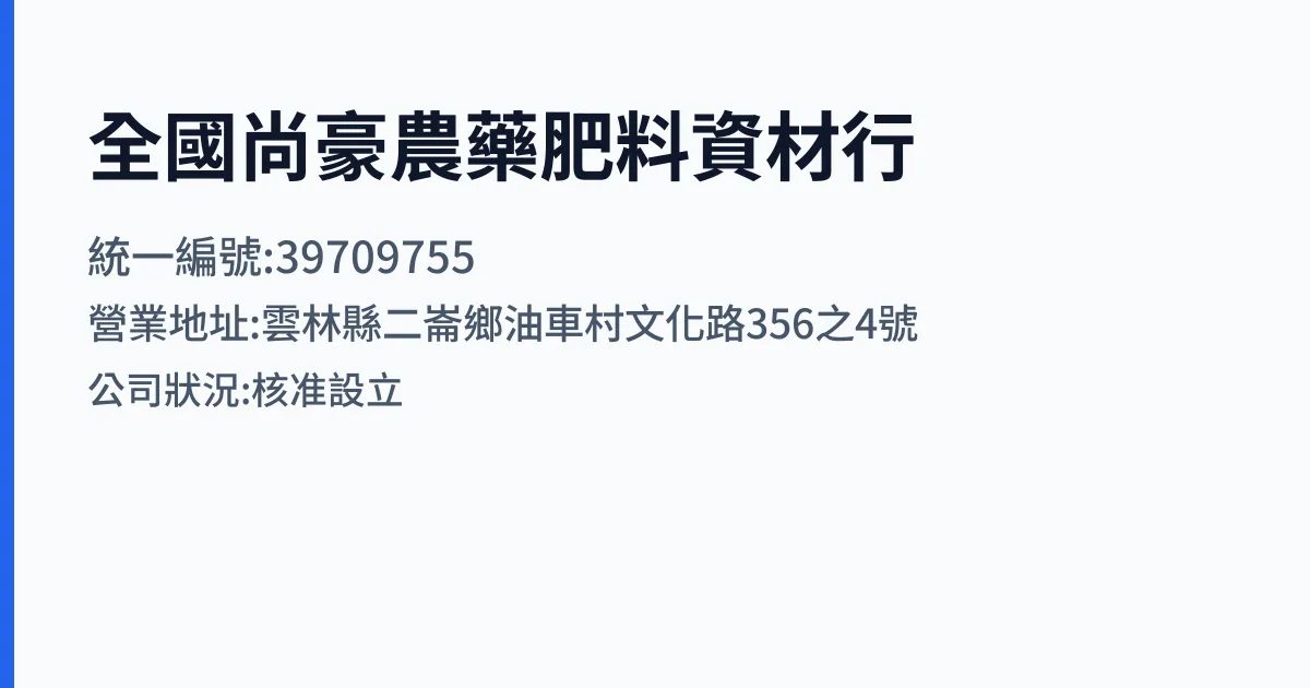 全國尚豪農藥肥料資材行 - 統編 39709755（雲林縣） 公司登記資料與營業項目詳細圖表