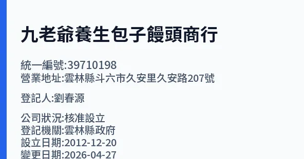 九老爺養生包子饅頭商行的照片-統編 39710198(雲林縣) 公司登記資料與營業項目詳細圖表