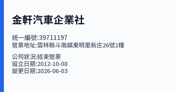 金軒汽車企業社的照片-統編 39711197(雲林縣) 公司登記資料與營業項目詳細圖表