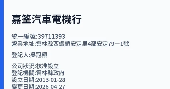 嘉筌汽車電機行的照片-統編 39711393(雲林縣) 公司登記資料與營業項目詳細圖表