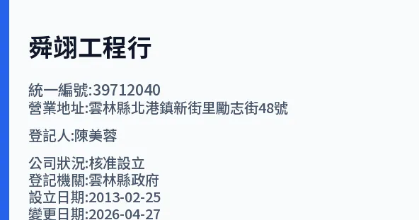 舜翊工程行的照片-統編 39712040(雲林縣) 公司登記資料與營業項目詳細圖表