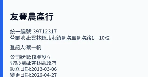 友豐農產行的照片-統編 39712317(雲林縣) 公司登記資料與營業項目詳細圖表
