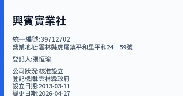興賓實業社的照片-統編 39712702(雲林縣) 公司登記資料與營業項目詳細圖表