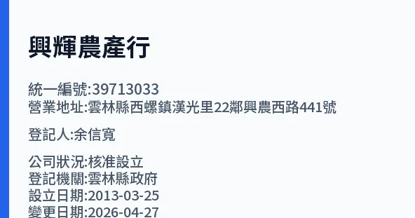 興輝農產行的照片-統編 39713033(雲林縣) 公司登記資料與營業項目詳細圖表