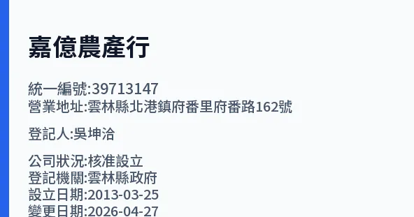 嘉億農產行的照片-統編 39713147(雲林縣) 公司登記資料與營業項目詳細圖表