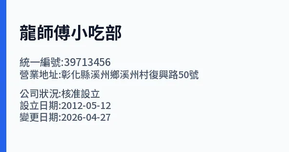 龍師傅小吃部的照片-統編 39713456(彰化縣) 公司登記資料與營業項目詳細圖表
