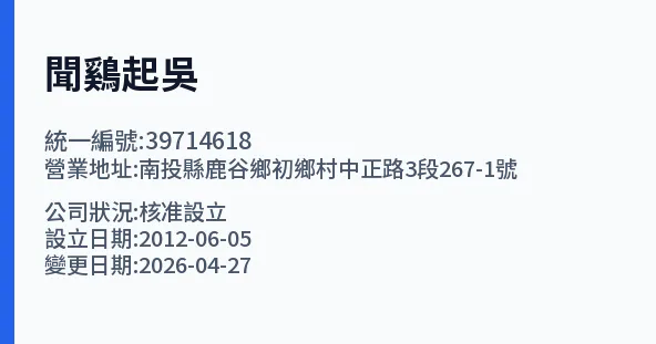 聞鷄起吳的照片-統編 39714618(南投縣) 公司登記資料與營業項目詳細圖表