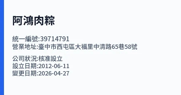 阿鴻肉粽的照片-統編 39714791(臺中市) 公司登記資料與營業項目詳細圖表
